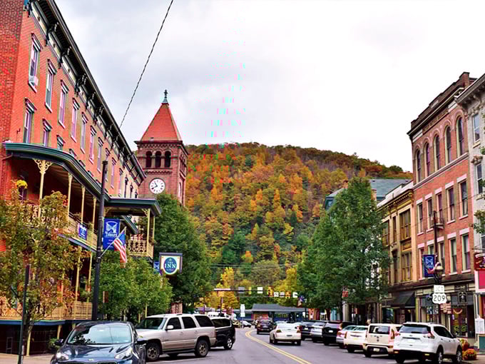Jim Thorpe's main street looks like a movie set with that clock tower and mountain backdrop. Fall colors make it even more magical!