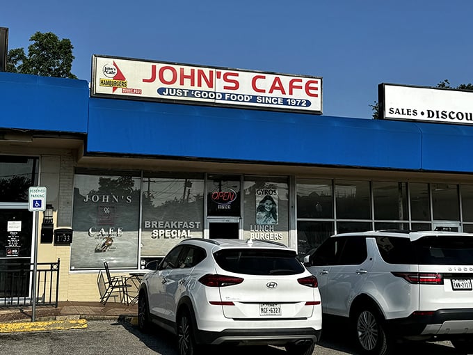 John's Cafe's iconic blue exterior and "JUST GOOD FOOD" sign promise exactly what you'll find inside&mdash;honest cooking that satisfies the soul.