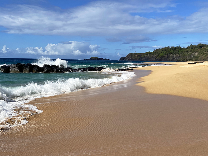 Waves crash against ancient lava rocks at Kauapea Beach, nature's own dramatic oceanfront theater. Golden sand stretches into the distance, inviting bare feet and quiet contemplation.