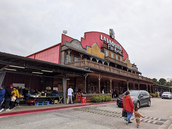 The western-style facade of La Vaquita Flea Market beckons treasure hunters with its rustic charm and promise of hidden gems inside.