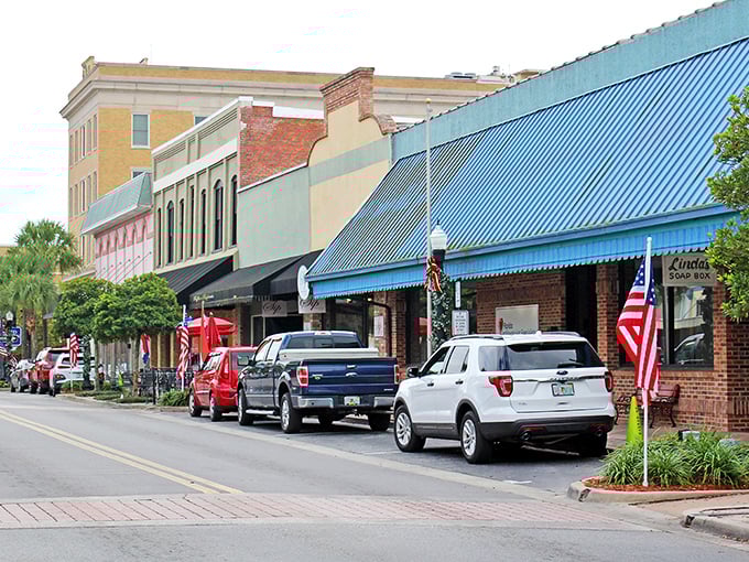 Historic downtown Leesburg charms with its brick-lined streets and colorful awnings, where small-town Florida shows its timeless appeal.