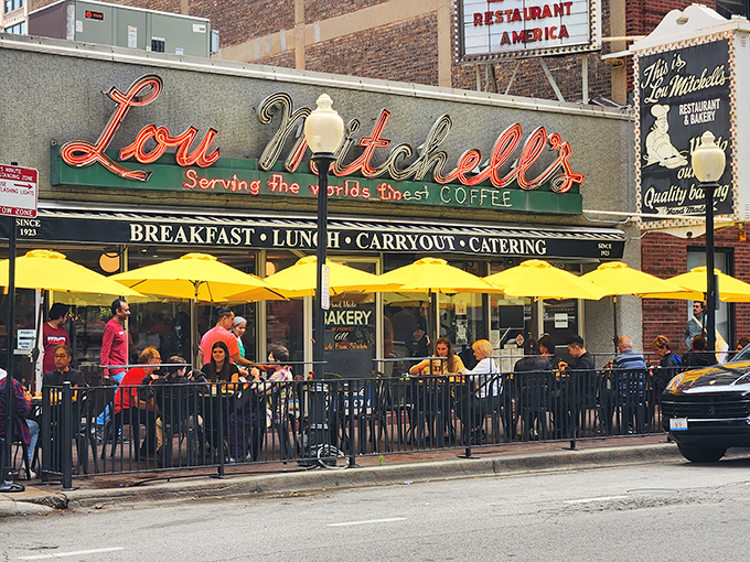Lou Mitchell's iconic neon sign beckons breakfast lovers like a lighthouse for the hungry. The sidewalk seating adds a touch of European caf&eacute; charm to this Chicago institution.