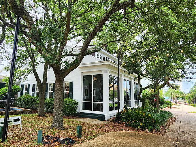 The historic white facade of Mary Mahoney's hides seafood treasures beneath those grand oak trees.