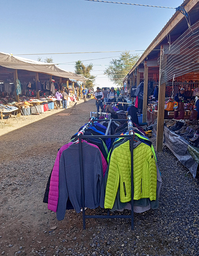 Rows of colorful jackets hang like a rainbow of possibilities at this treasure hunter's paradise.
