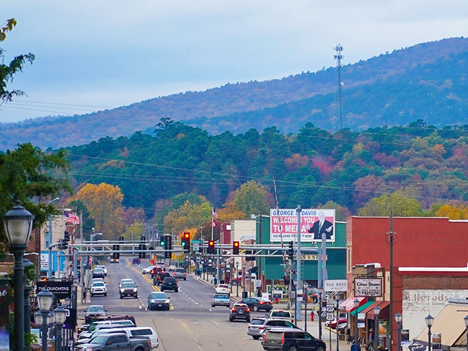Downtown Mena welcomes you with mountain views and small-town charm. Those brick buildings hold more affordable living than you'd ever imagine!