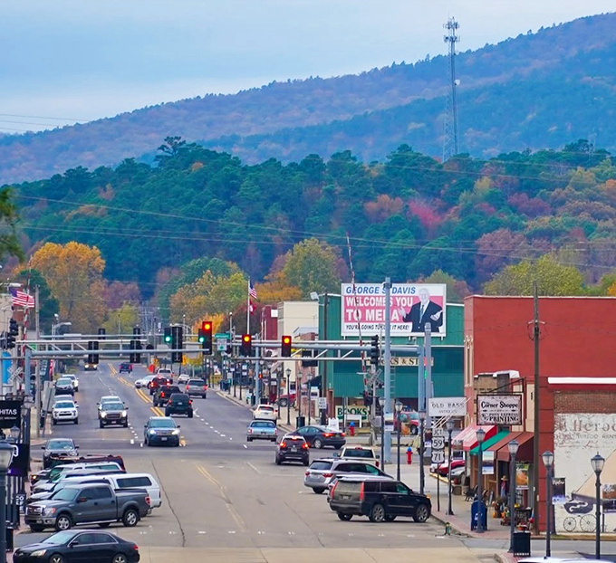 Downtown Mena welcomes you with its charming main street, where mountains rise majestically in the background like nature's own welcome sign.