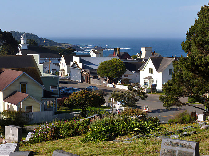 Mendocino's white picket fences and saltbox houses perched above the Pacific look like a New England postcard that drifted west.