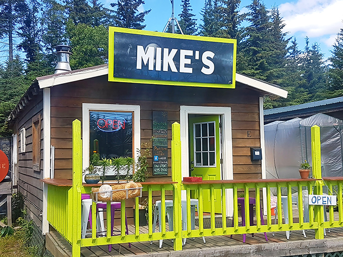 Mike's bright lime-green porch practically screams "Come eat here!" Like a cheerful oasis in the Alaskan wilderness.
