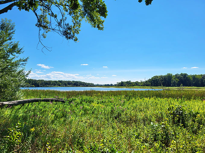 Lake Defiance at Moraine Hills shimmers like nature's mirror, reflecting blue skies and endless possibilities for adventure.