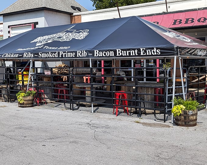 The outdoor seating at Mountaineer Meat Smokers beckons with rustic charm. Those wooden cable spool tables practically whisper, "Sit down and stay awhile!"