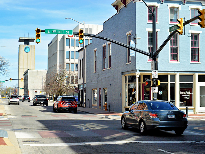 Downtown Muncie's historic charm shines at this intersection, where brick buildings whisper stories of Indiana's past.