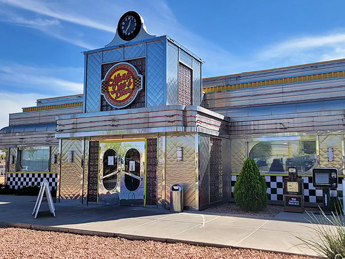 Shiny chrome and checkerboard patterns – Nana Dee's Diner gleams like a time machine disguised as a restaurant.