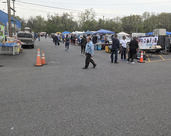 Treasure hunters navigate a sea of blue canopies at North Point Plaza, where one person's castoffs become another's prized possessions.