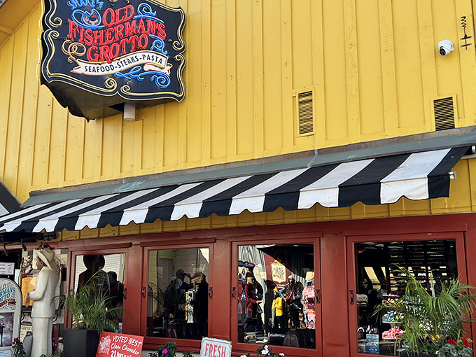The bright yellow facade of Old Fisherman's Grotto beckons like a lighthouse for hungry souls on Monterey's wharf.