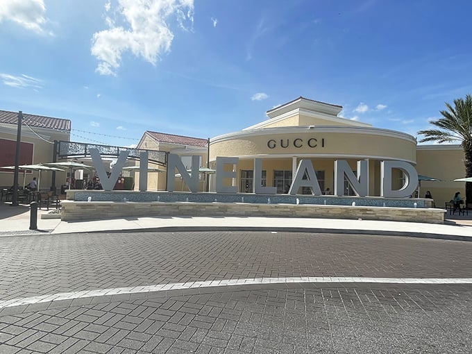 Welcome to bargain paradise! Vineland's grand entrance with that iconic Gucci sign promises treasures that won't require a second mortgage.