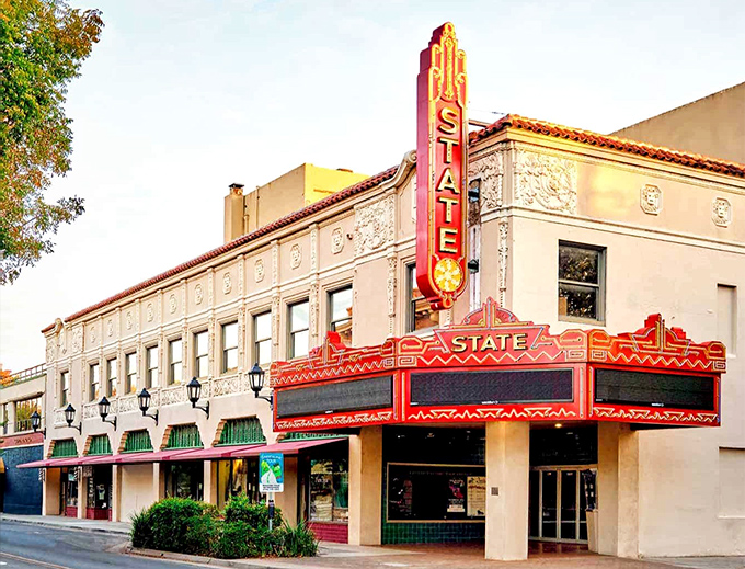 The historic State Theatre in Oroville stands as a neon-lit time machine, offering entertainment without the big-city price tag.