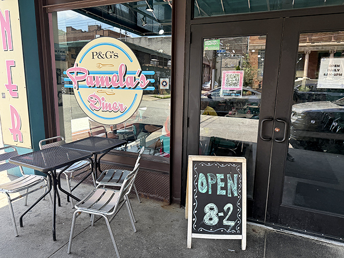 The iconic P&G's Pamela's Diner sign promises pancake paradise. That little "OPEN" chalkboard might as well say "Heaven's this way."