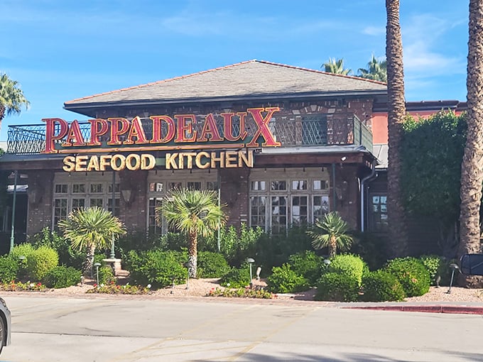 Pappadeaux's vibrant exterior promises a Cajun seafood adventure. Palm trees and that iconic sign welcome desert dwellers to a taste of New Orleans.