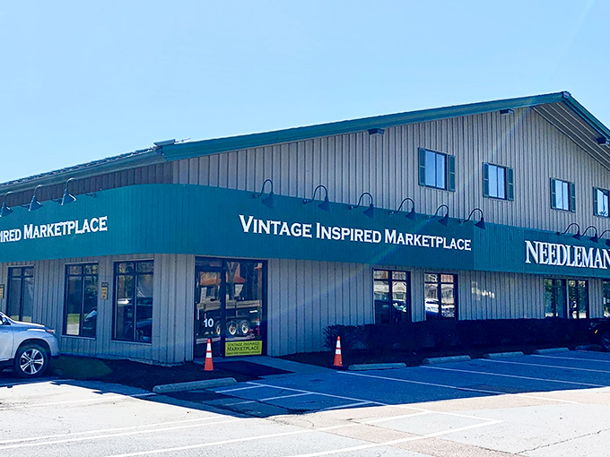 The teal-blue awning of Vintage Inspired Marketplace beckons like a portal to the past. South Burlington's treasure trove awaits behind these unassuming walls.