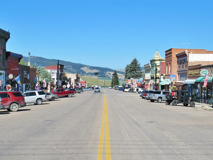 Main Street Philipsburg stretches like a Western movie set, complete with historic storefronts and mountain backdrop magic.