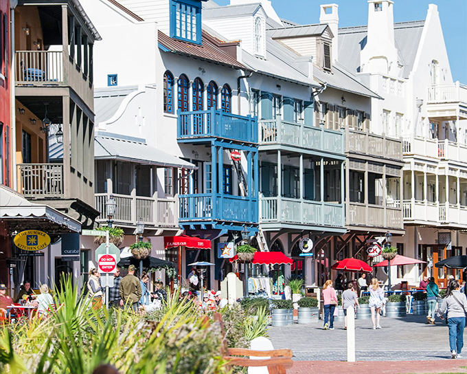 Colorful buildings with balconies line Rosemary Beach's pedestrian-friendly streets, creating a European village vibe that makes you forget you're in Florida.