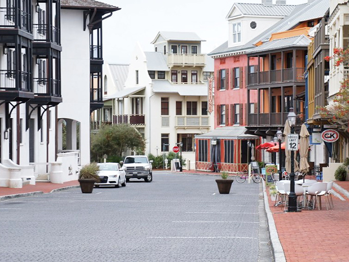 The pristine streets of Rosemary Beach showcase its distinctive architectural style, blending coastal charm with European influences.