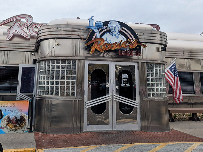 Chrome sweet chrome! This gleaming silver diner with its classic neon sign looks like it rolled straight out of "American Graffiti."