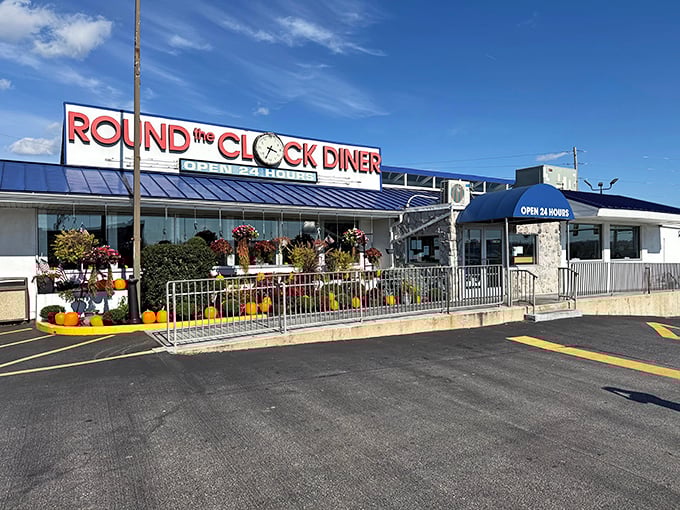 The iconic Round the Clock Diner sign promises what we all secretly want&mdash;breakfast at midnight and zero judgment about our pancake-to-syrup ratio.