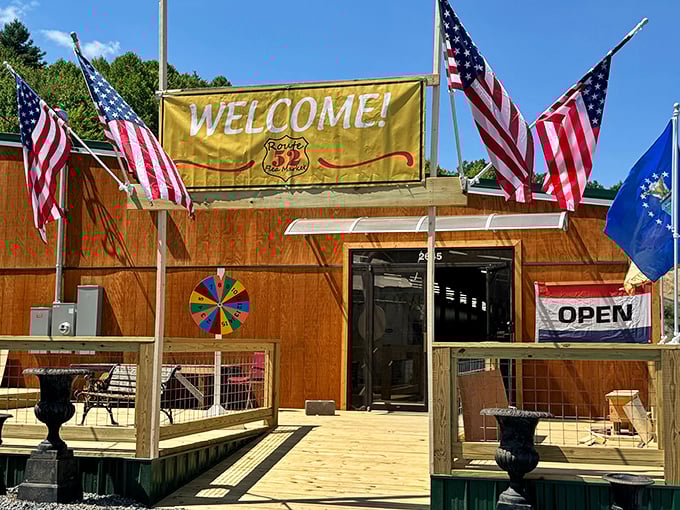 Welcome banners and American flags create that perfect "treasure hunt starts here" atmosphere at this sprawling outdoor market.