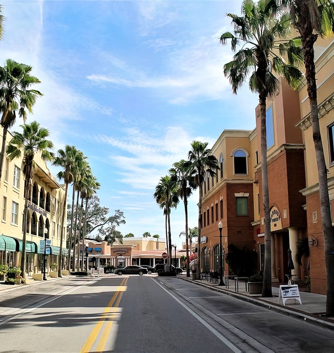 Palm trees stand guard along Safety Harbor's main street, where colorful buildings invite you to slow down and stay awhile.
