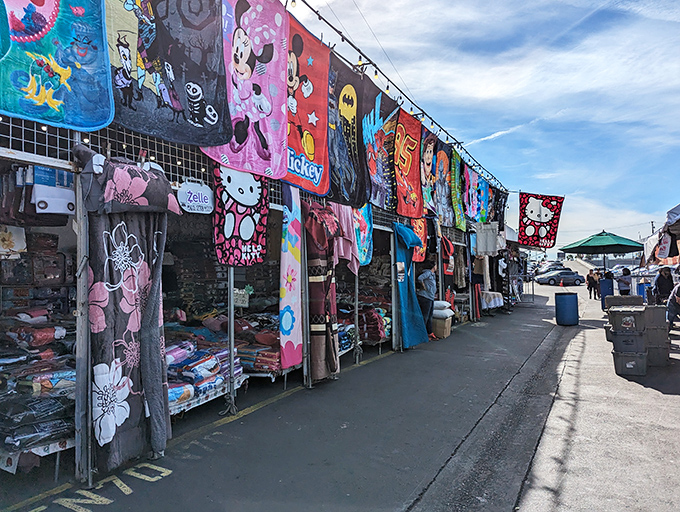 Colorful blankets and Hello Kitty treasures line the walkways at Santa Fe Springs. Textile heaven for the young and young-at-heart!