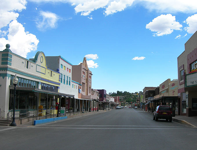 Silver City's historic main street stretches like a Western movie set, complete with authentic charm and mountain backdrop.