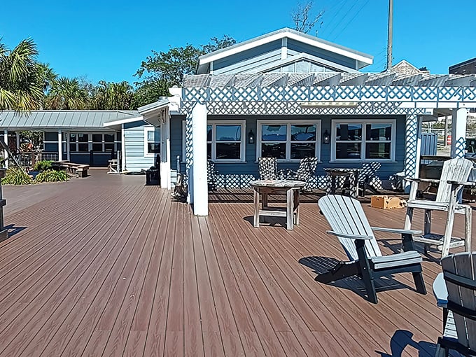 Skipper's Fish Camp: Blue-painted charm with a sprawling wooden deck where Adirondack chairs invite you to stay awhile. Seafood tastes better with a water view!
