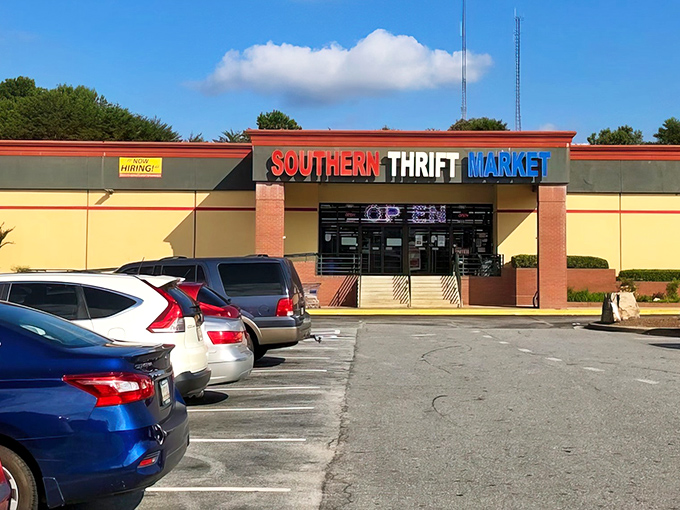 Southern Thrift Market's colorful sign beckons bargain hunters like a retail lighthouse. Treasure awaits inside!