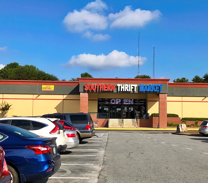 Southern Thrift Market's bold red-white-blue sign promises a patriotic duty to your wallet. Treasure hunting begins here!