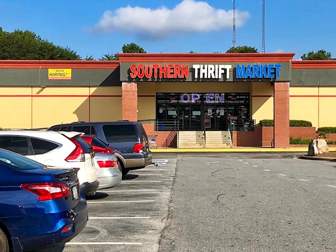 Southern Thrift Market's bold red, white, and blue sign promises treasure hunting adventures behind those glass doors.