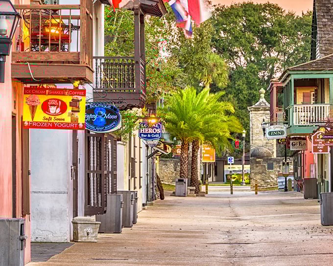 St. Augustine's historic streets glow at golden hour, where ice cream shops and balconies remind you why we fell in love with this place.
