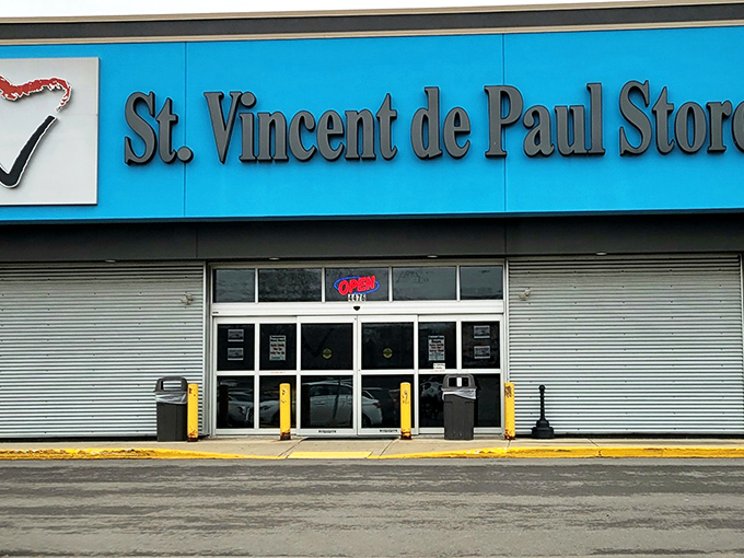 The bright blue storefront of St. Vincent de Paul beckons like a bargain-hunter's oasis in Greenfield. Treasures await inside!