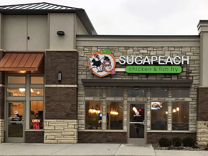 Modern meets comfort at Sugapeach, where the sleek storefront promises crispy chicken adventures inside.