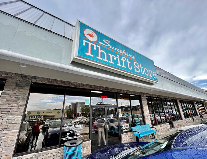 The iconic turquoise sign of Sunshine Thrift beckons like a beacon of bargain-hunting hope on a cloudy Florida day.