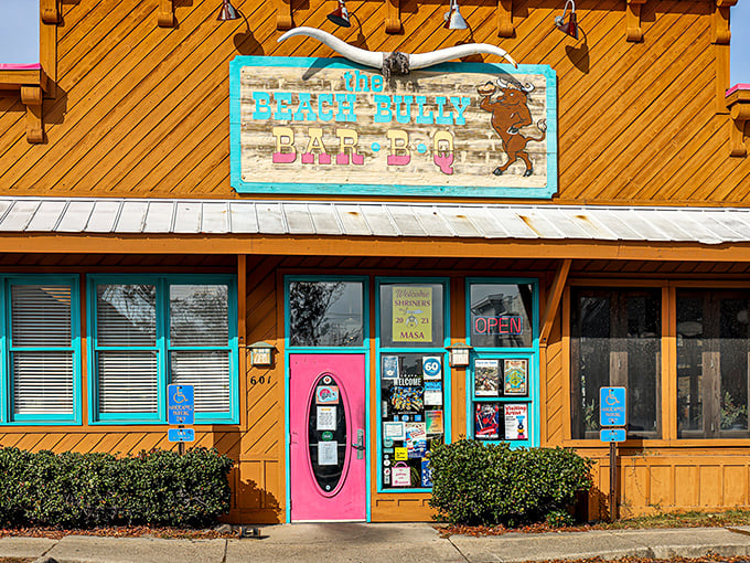 The Beach Bully BBQ's turquoise and pink facade isn't just eye-catching&mdash;it's like a BBQ treasure map where X marks the delicious spot!
