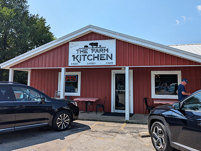 The Farm Kitchen's red barn exterior isn't just charming&mdash;it's a beacon for biscuit lovers across Kentucky. Those rocking chairs are calling your name!