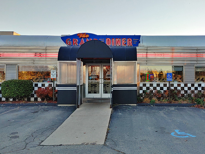 The Grand Diner (exterior): Classic Americana shines in this gleaming silver diner. That neon sign isn't just calling you&mdash;it's practically singing "breakfast is served!"