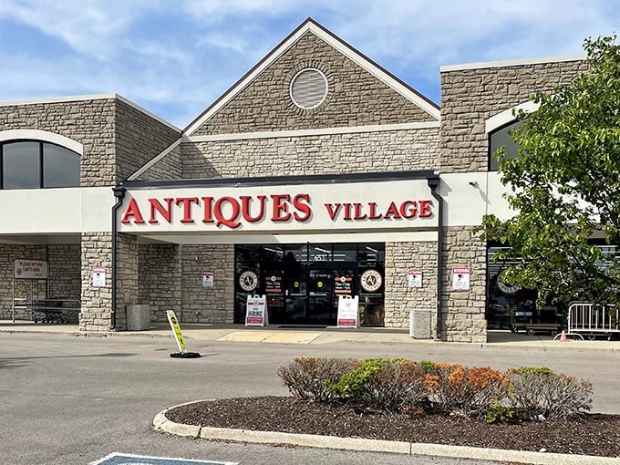 The stone facade of Antiques Village in Dayton welcomes treasure hunters with the promise of discoveries that might take all day to uncover.