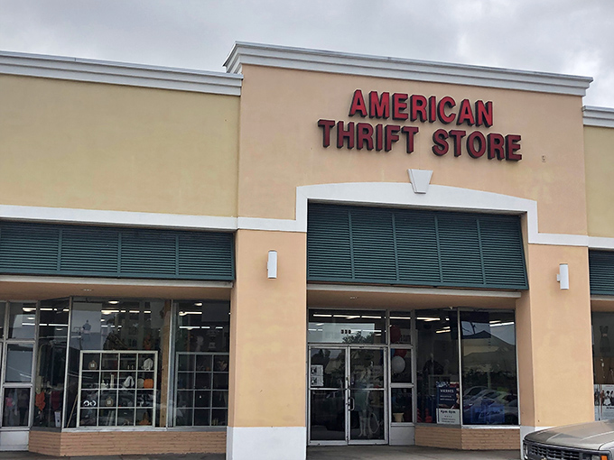 The unassuming beige exterior with bold red lettering belies the treasure trove waiting inside. Budget magic happens here!