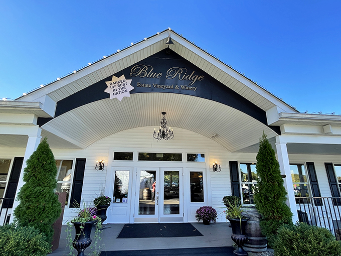 The elegant entrance to Blue Ridge Estate welcomes visitors with classic white architecture, manicured greenery, and a promise of vineyard delights waiting inside.