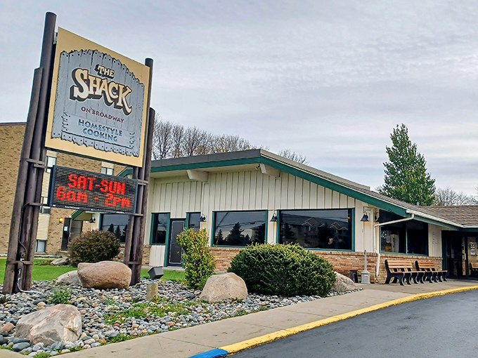 The Shack on Broadway's sign promises homestyle cooking that'll make you forget your troubles faster than you can say "more coffee, please!"