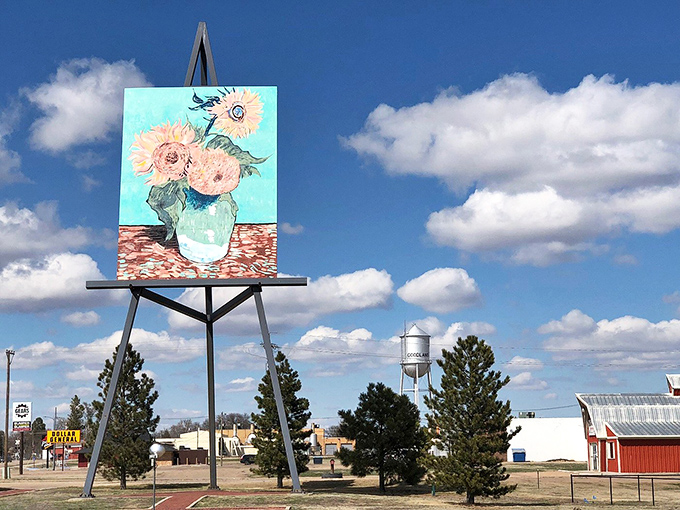 Talk about making an impression! Van Gogh's sunflowers tower over the Kansas prairie like a surreal dream, proving art belongs everywhere&mdash;even alongside wheat fields and water towers.