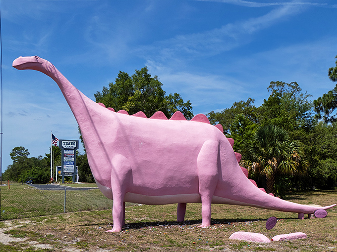 The magnificent pink brontosaurus of Spring Hill stands tall against Florida's blue sky, a roadside wonder that stops traffic and starts conversations.