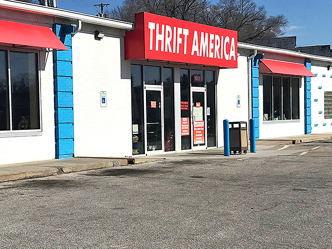 Thrift America's iconic red sign promises treasure hunting that's easier on your wallet than explaining streaming services to your parents.